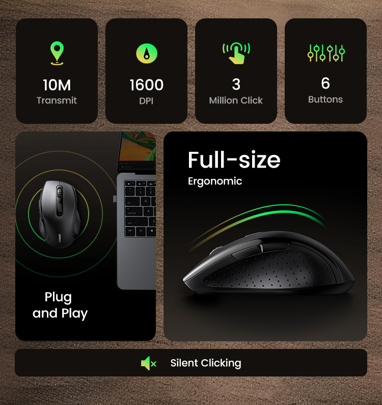 Ugreen 2.4G Wireless Mouse Full-Size Ergonomiv Shape Low-noise Click ...