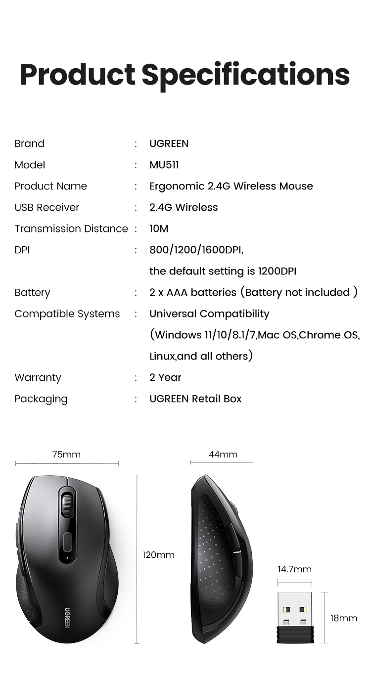 Ugreen 2.4G Wireless Mouse Full-Size Ergonomiv Shape Low-noise Click ...