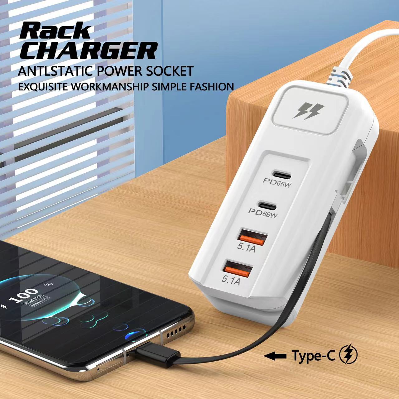 66W USB Plug Power Strip Charger Station Splitter 5V4A USB TYPE C 3.0 ...