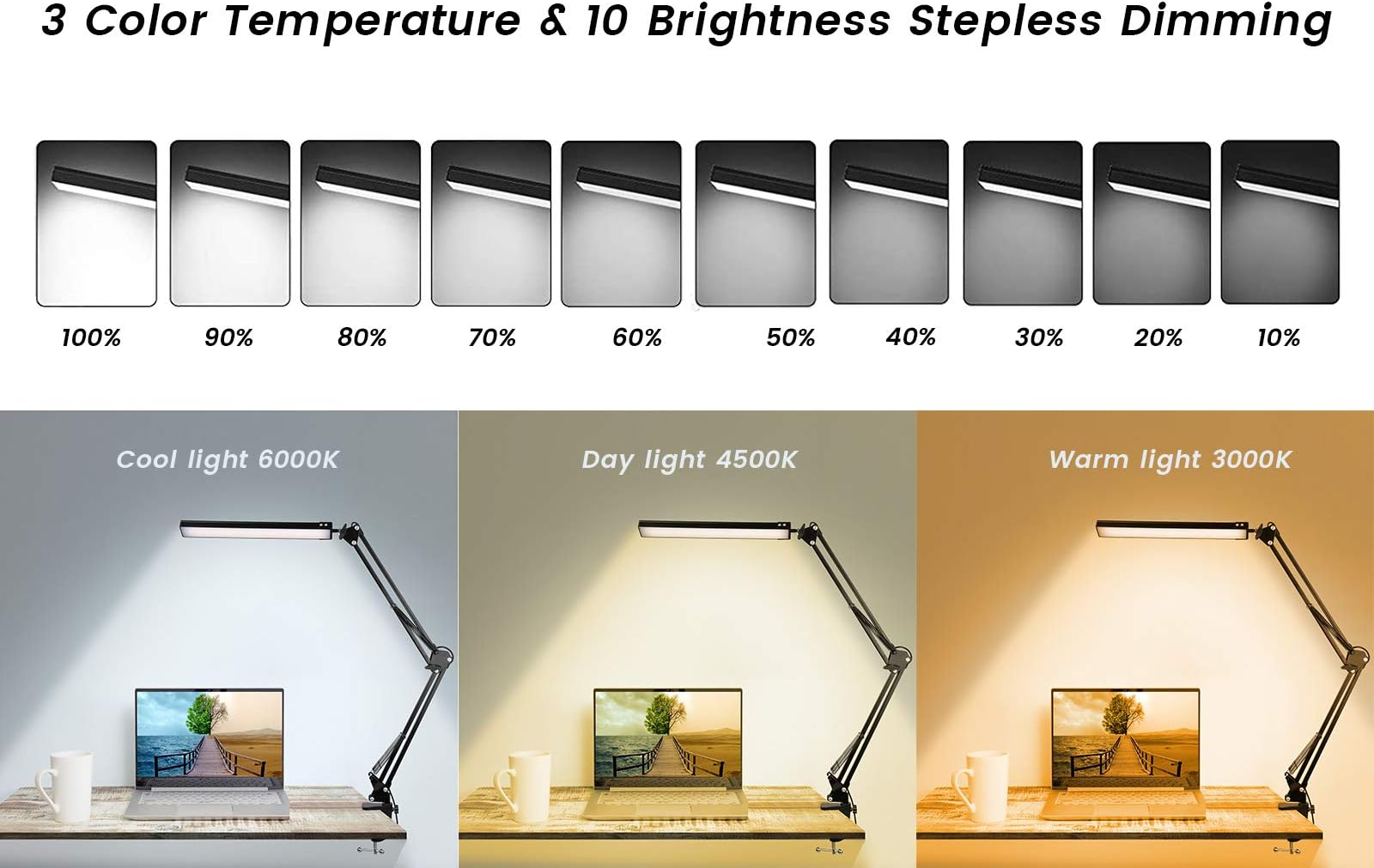 3 Light Colors LED Flexible Desk Table Lamp with Rotatable Clamp Study ...
