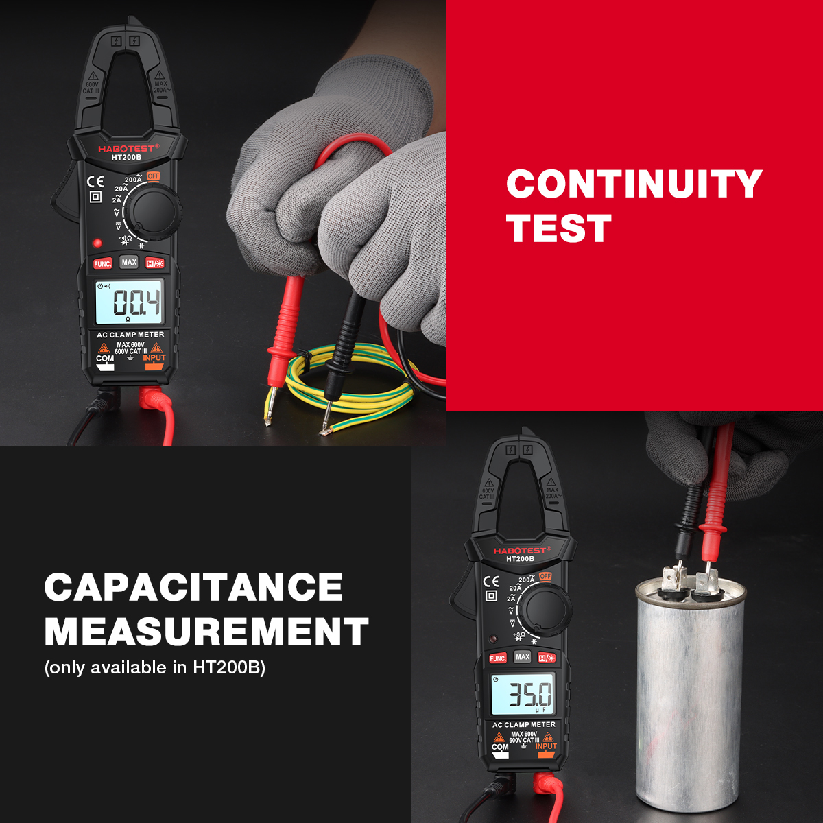 HABOTEST HT200 Digital Clamp Meter 600V AC/DC 2000 Counts Voltmeter ...