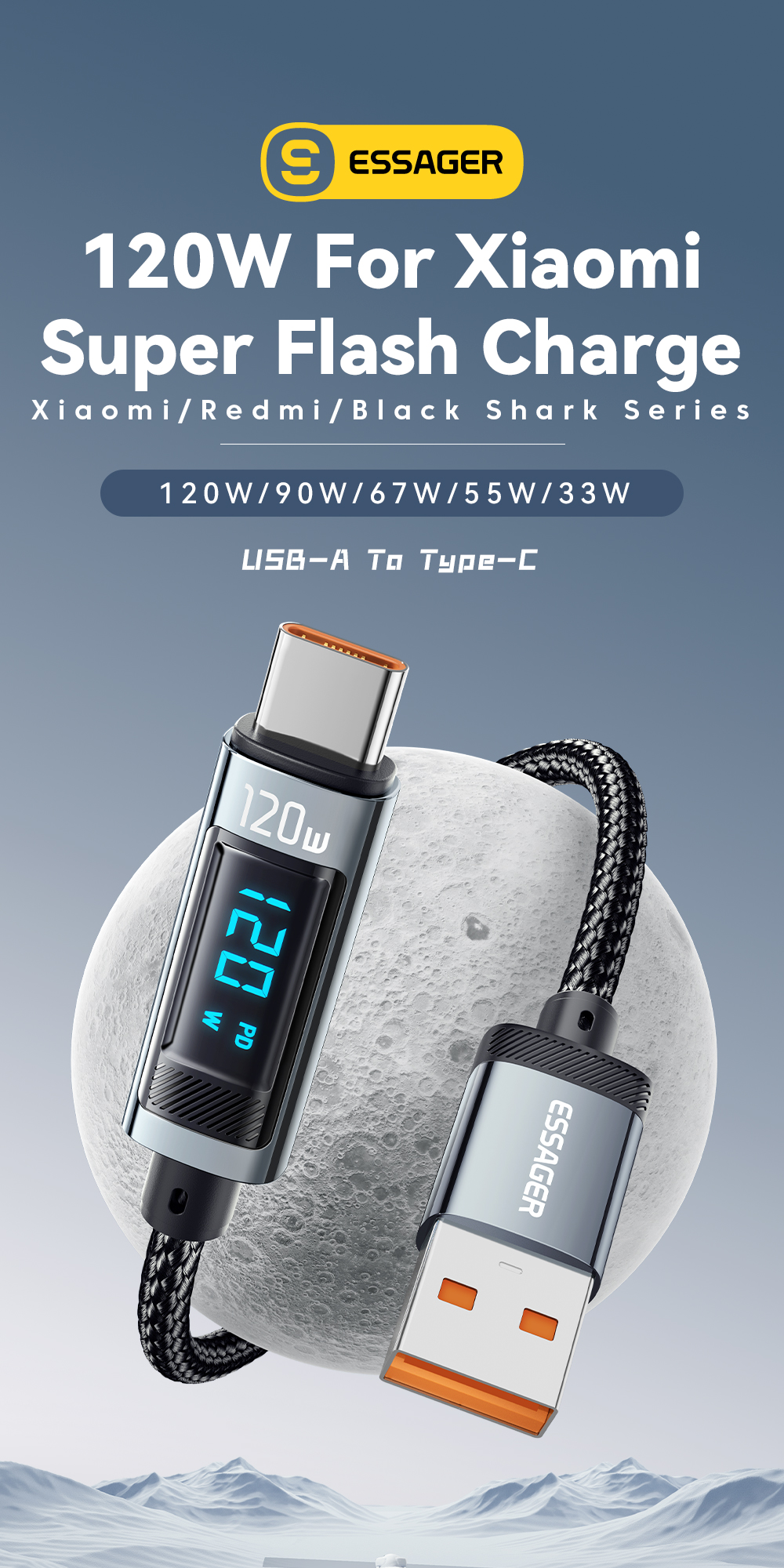 ESSAGER 120W A-C aluminum alloy digital display data cable 6A Fast ...