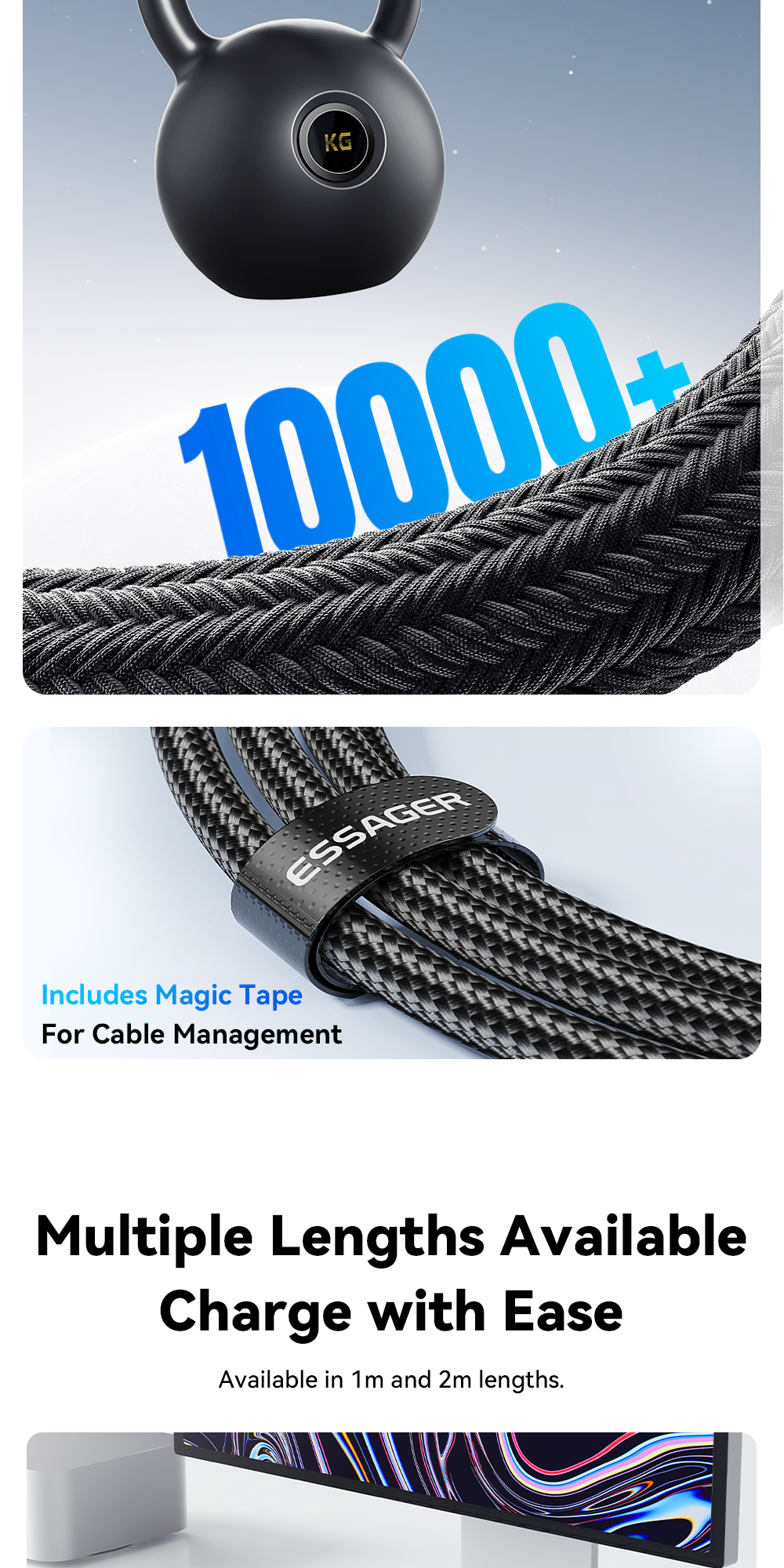 ESSAGER 120W A-C aluminum alloy digital display data cable 6A Fast ...