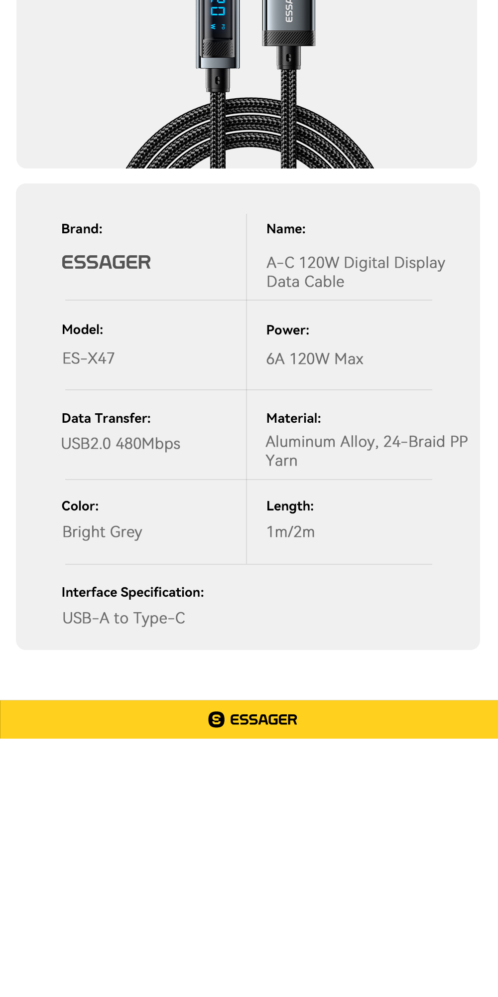 ESSAGER 120W A-C aluminum alloy digital display data cable 6A Fast ...