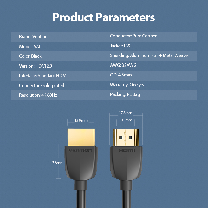 Vention HDMI 2.0 Cable 4K 60HZ 18Gbps High Speed Slim 32AWG HDMI2.0 ...