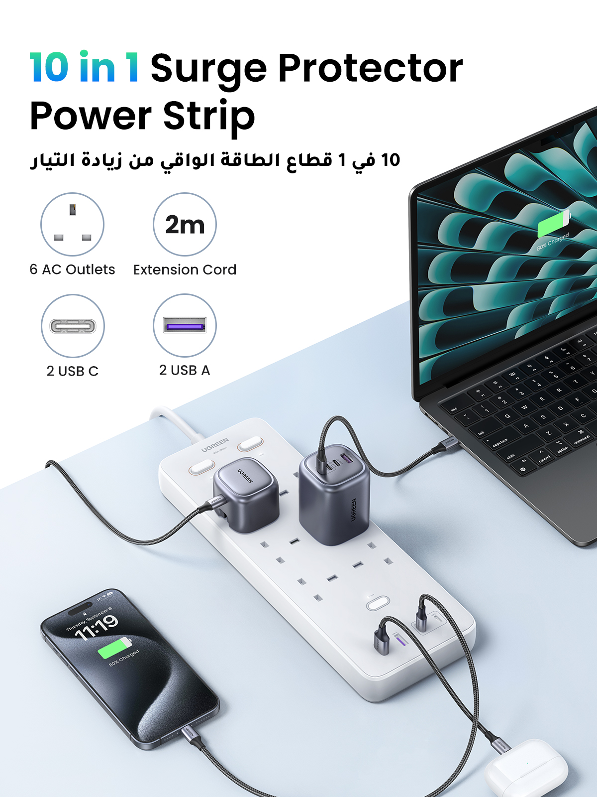 Ugreen PD65W 10 in 1 USB A, USB-C, AC Ports, Fast Charging Extension ...