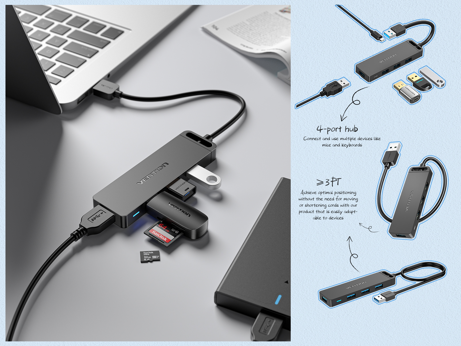 Vention USB A HUB 4 Port Adapter USB3.0 5Gbps High Speed Multi USB ...