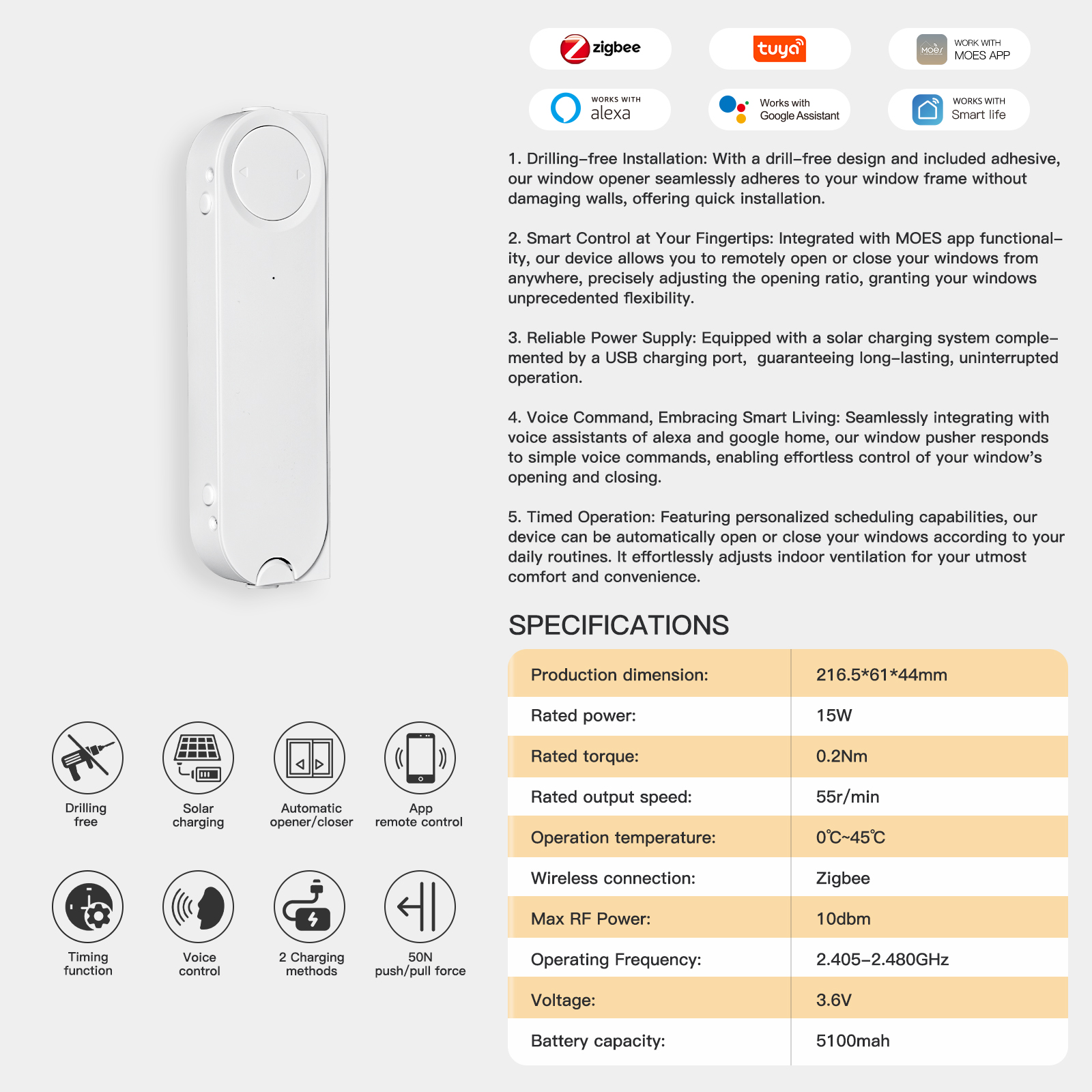 Tuya ZigBee Smart Sliding Window Pusher Automatic Opener Closer Solar ...