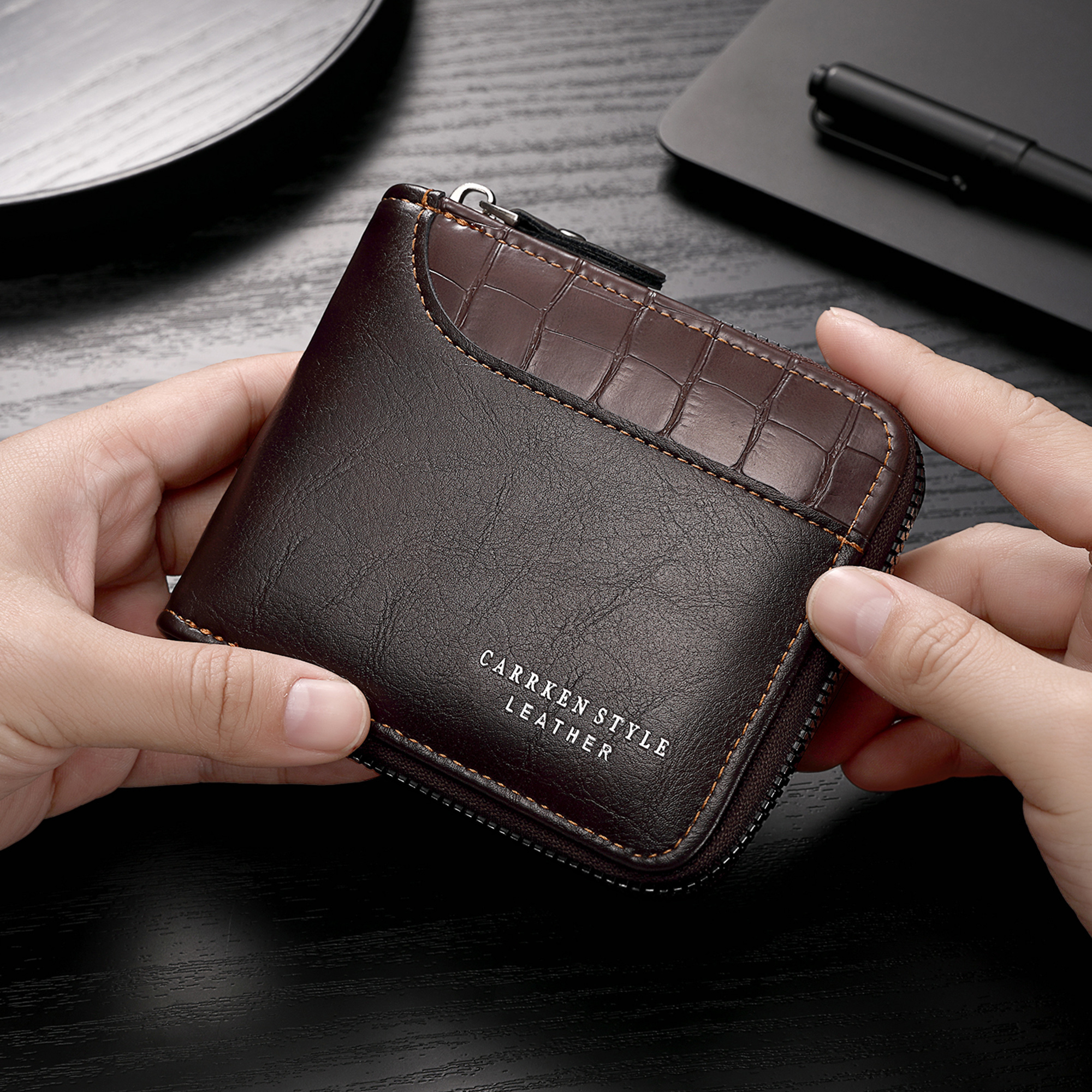 Men's Color Block Zipper Wallet - Vintage PU Leather Large Capacity ...