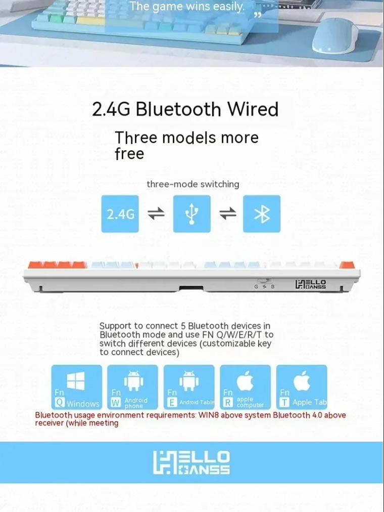 Hello Ganss HS108T three mode wireless mechanical keyboard, full key hot plug, RGB light ...