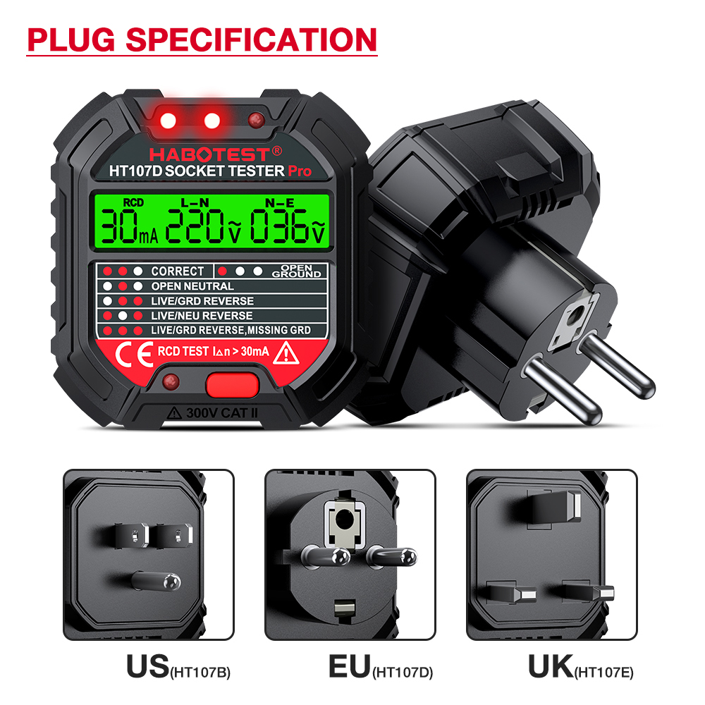 HABOTEST🔥HT107E Socket Tester 48V-250V Plug Checker Earthing Tester ...