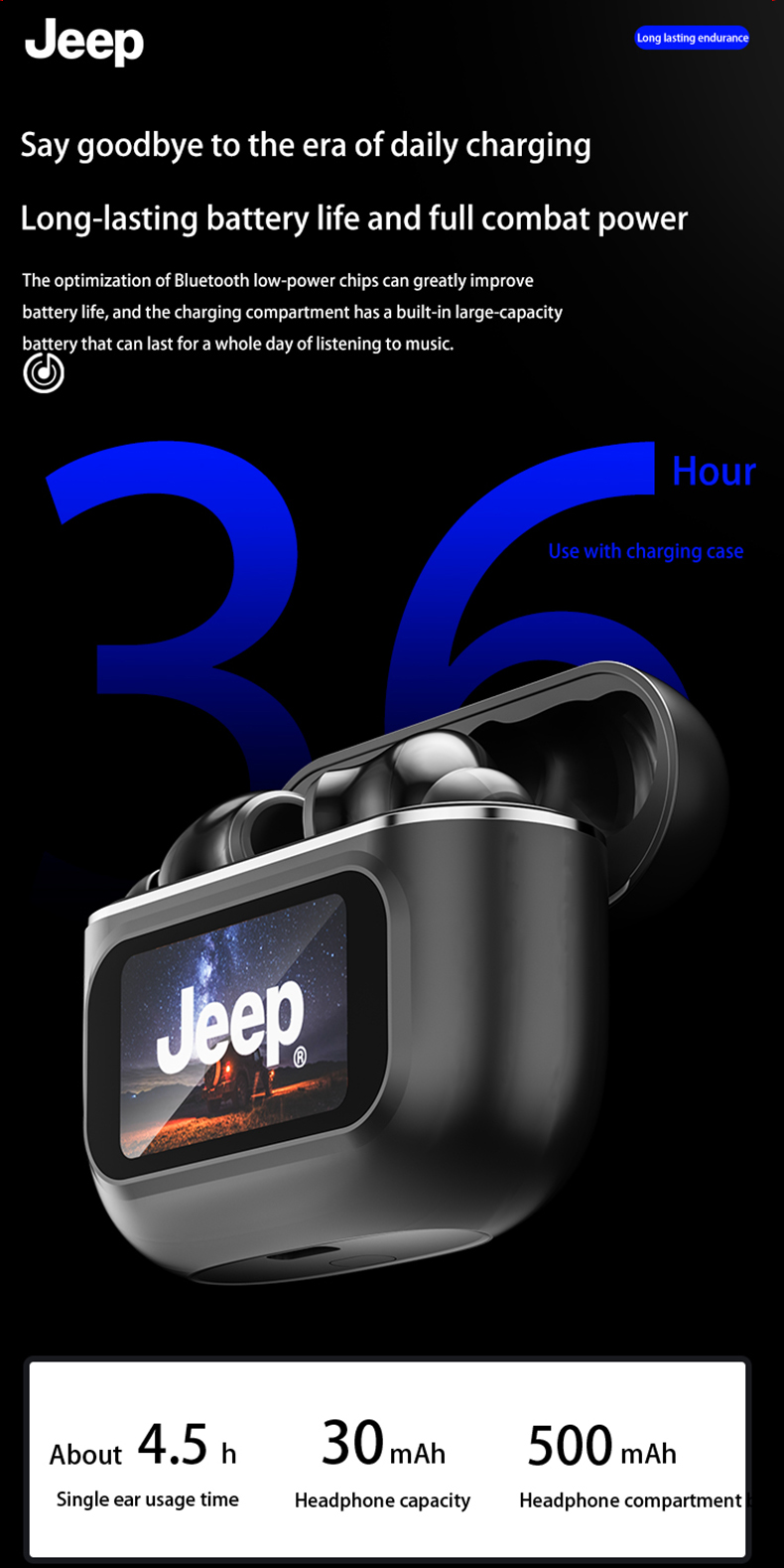 Jeep EW118 Plus Wireless Earphones Bluetooth 5.4 Touch LCD Screen ANC ...