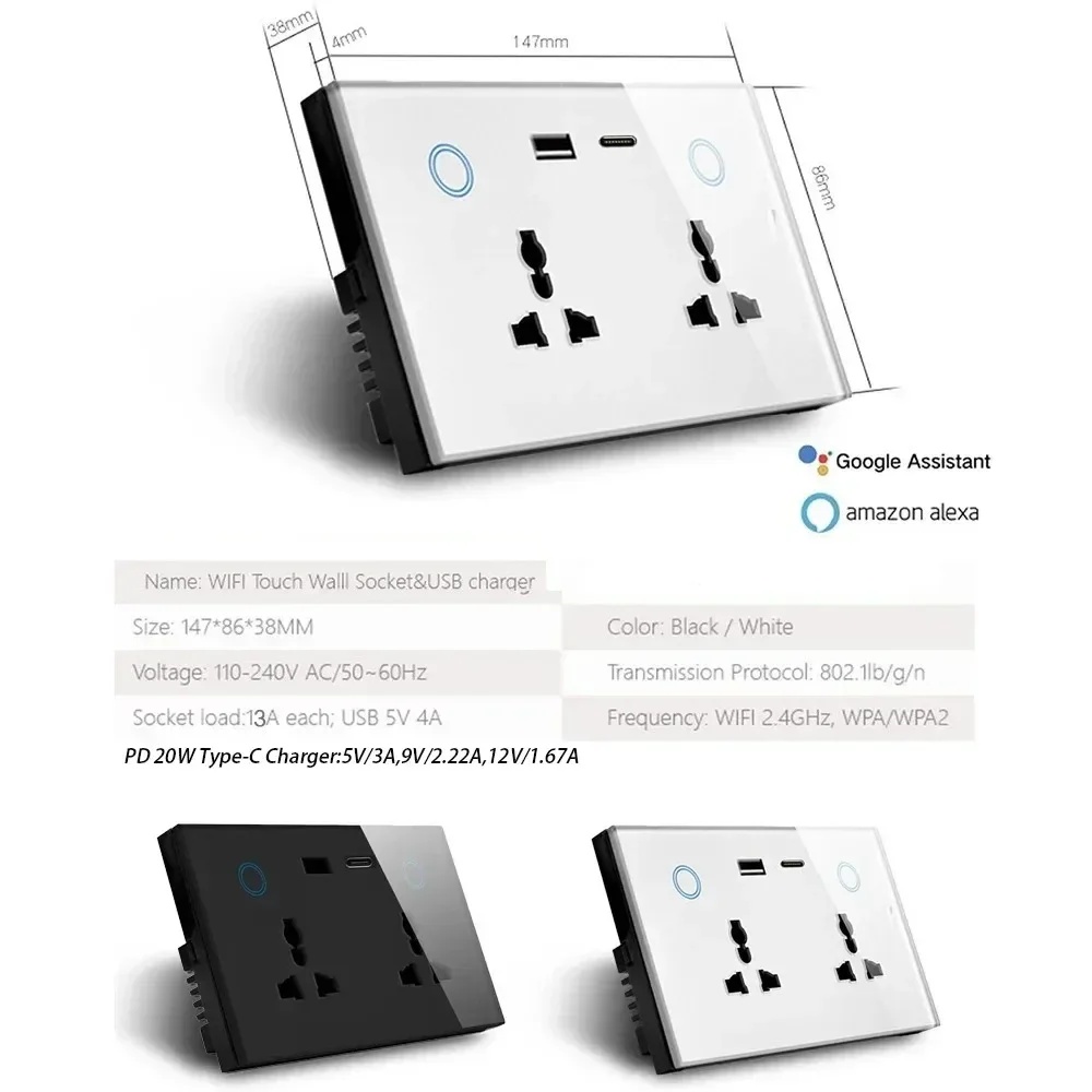 Melery Zigbee Tuya 147 Wall Socket USB Type-C 30W Universal Outlet ...