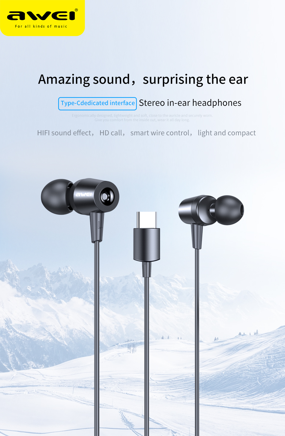 Awei TC-1 Wired Earphones Type-C Jack Bass Sound Earphone In-Ear Sport Earphones With Mic ...