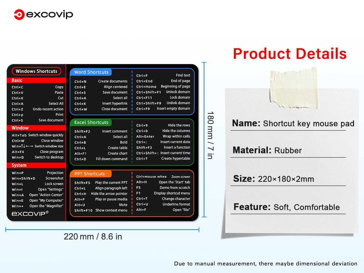 Office Shortcut Key Mouse Pad Soft Lock Edge Non Slip Efficient for ...