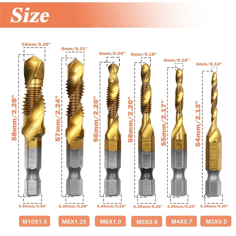 6pcs 1/4" Hex Shank Drill Tap Combination Bit Set, Screw Tapping ...