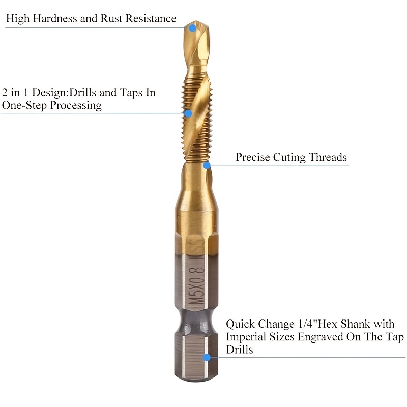 6pcs 1/4" Hex Shank Drill Tap Combination Bit Set, Screw Tapping ...