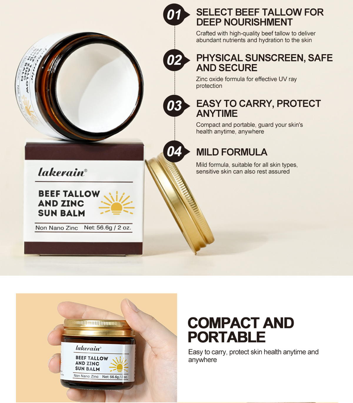 Lakerain Sunscreen Spf 50 Beef Tallow and Zinc Sun Balm Water Resistant ...