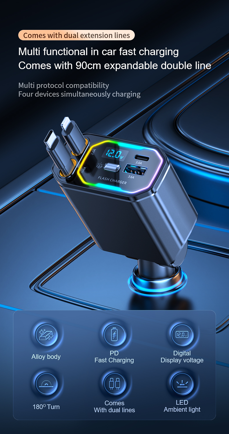 【Quick delivery】120W 4 In 1 Car Charger Scalable Cable Suitable Fast ...