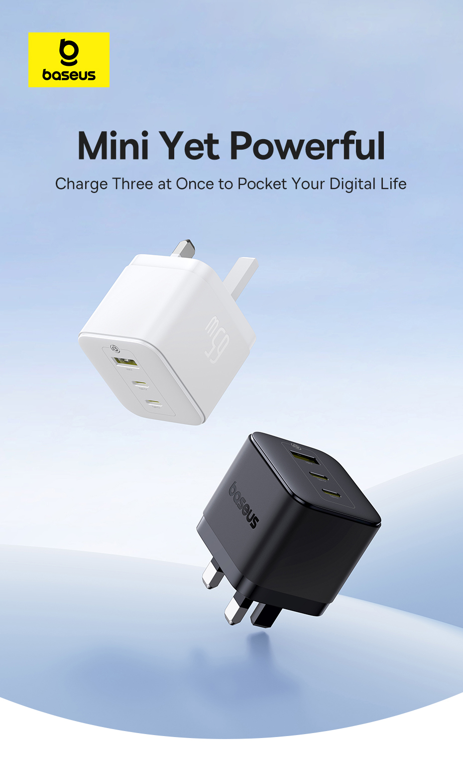 Baseus Palm Fast Charger 2C+U 65W UK PD Compact Three-Port Fast ...