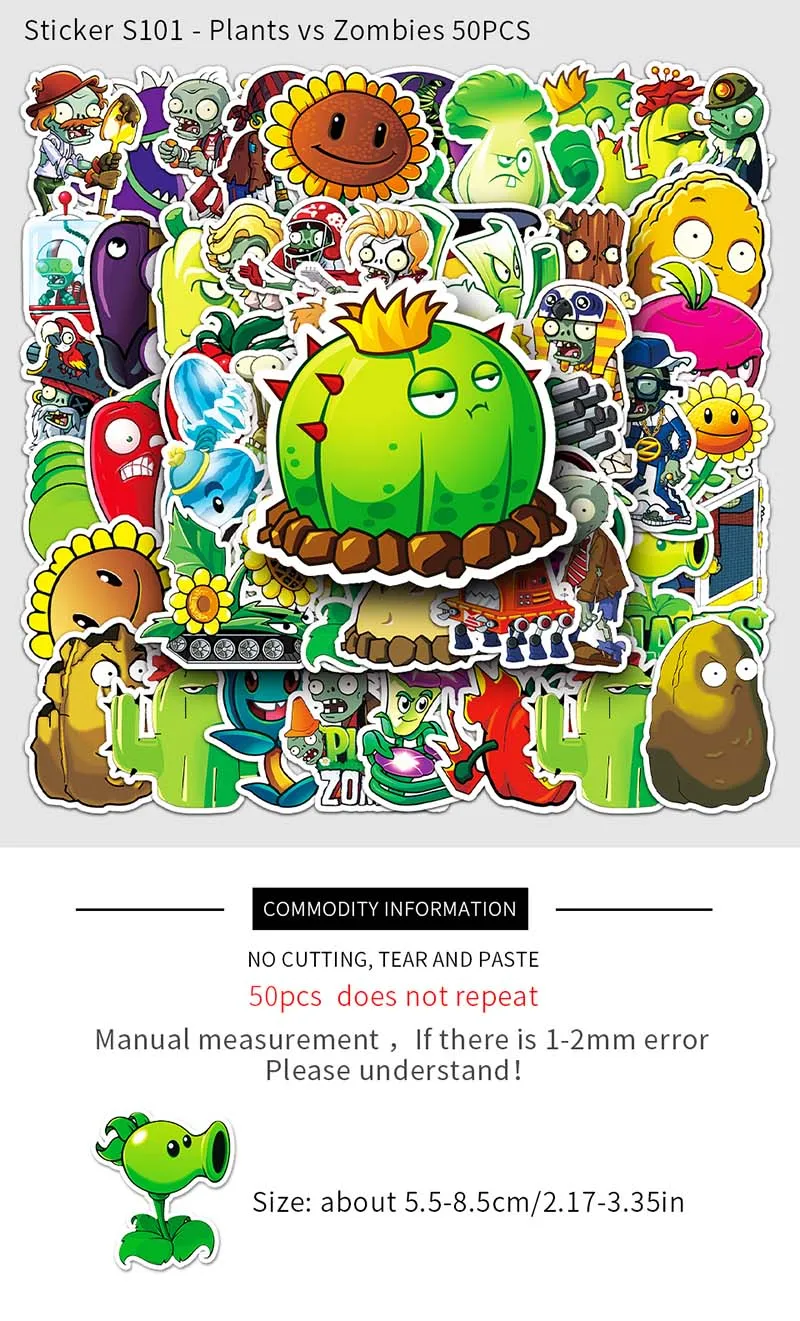 50pcs Cartoon Game Plants vs. Zombies Sticker For Laptop Water Bottle ...