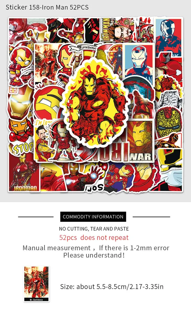 52pcs Disney Marvel Iron Man Super Hero Stickers Decals Toys Waterproof ...