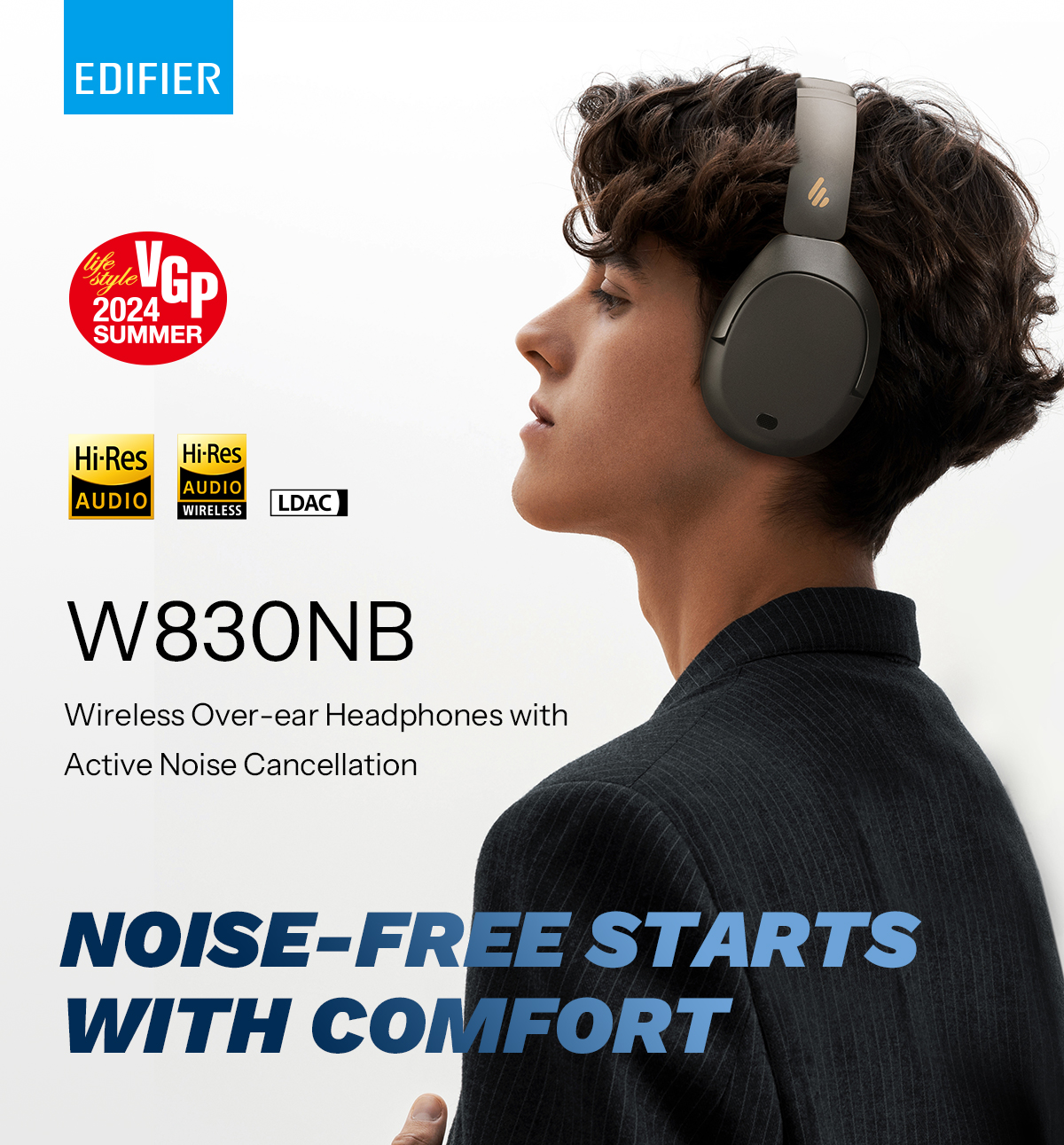 EDIFIER W830NB Over-Ear Headphones -45dB ANC 40mm Dynamic Drive Sound ...