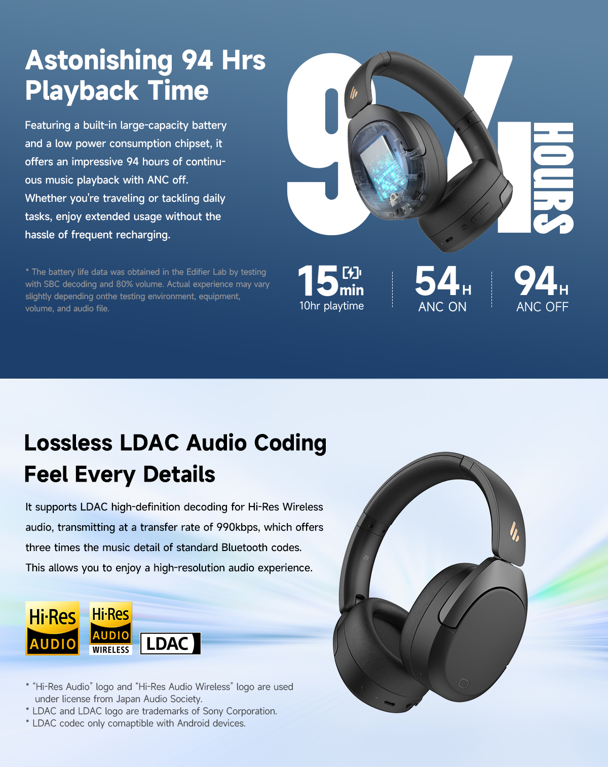 EDIFIER W830NB Over-Ear Headphones -45dB ANC 40mm Dynamic Drive Sound ...