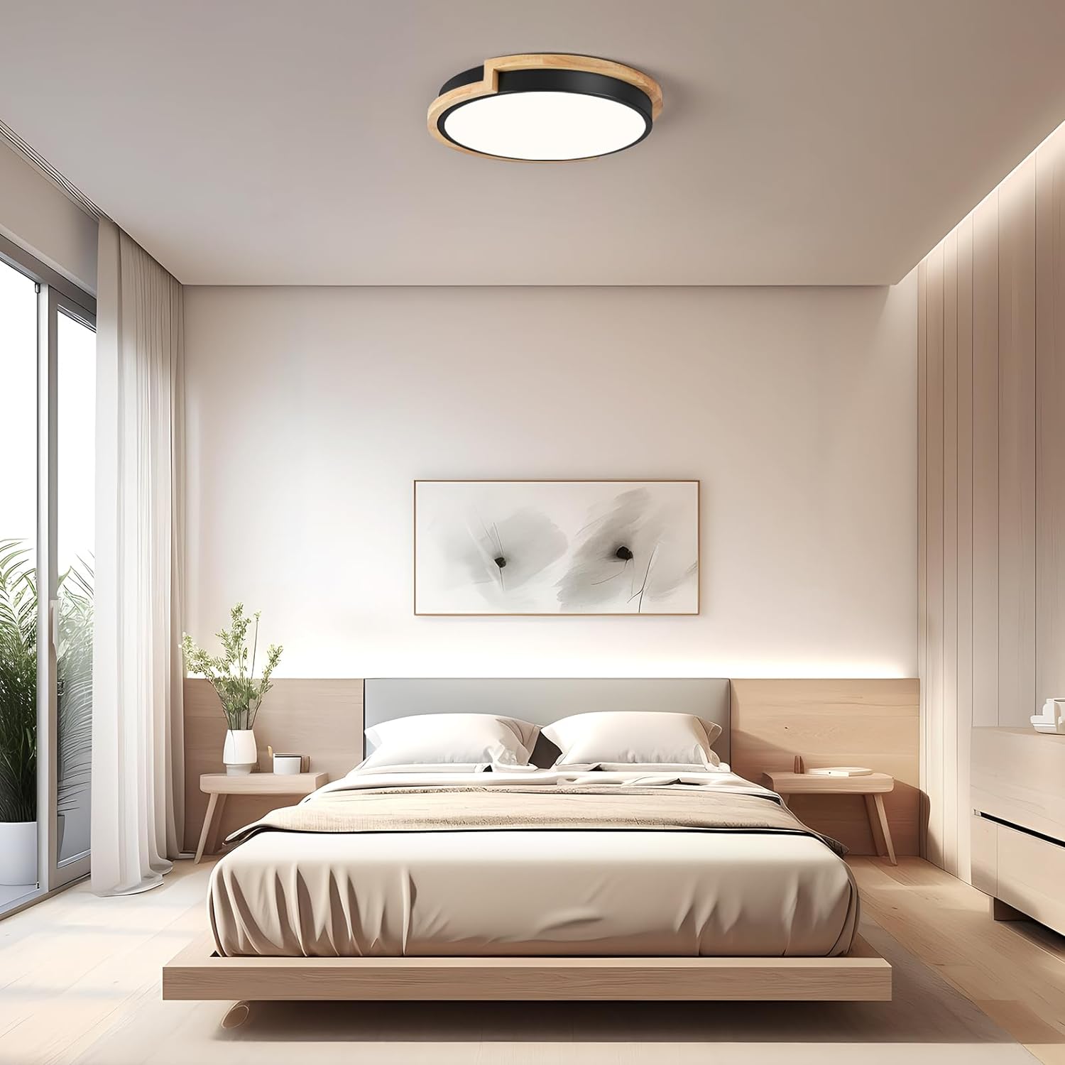 LED wooden edge iron art ceiling light, 48W three color dimming, simple ...