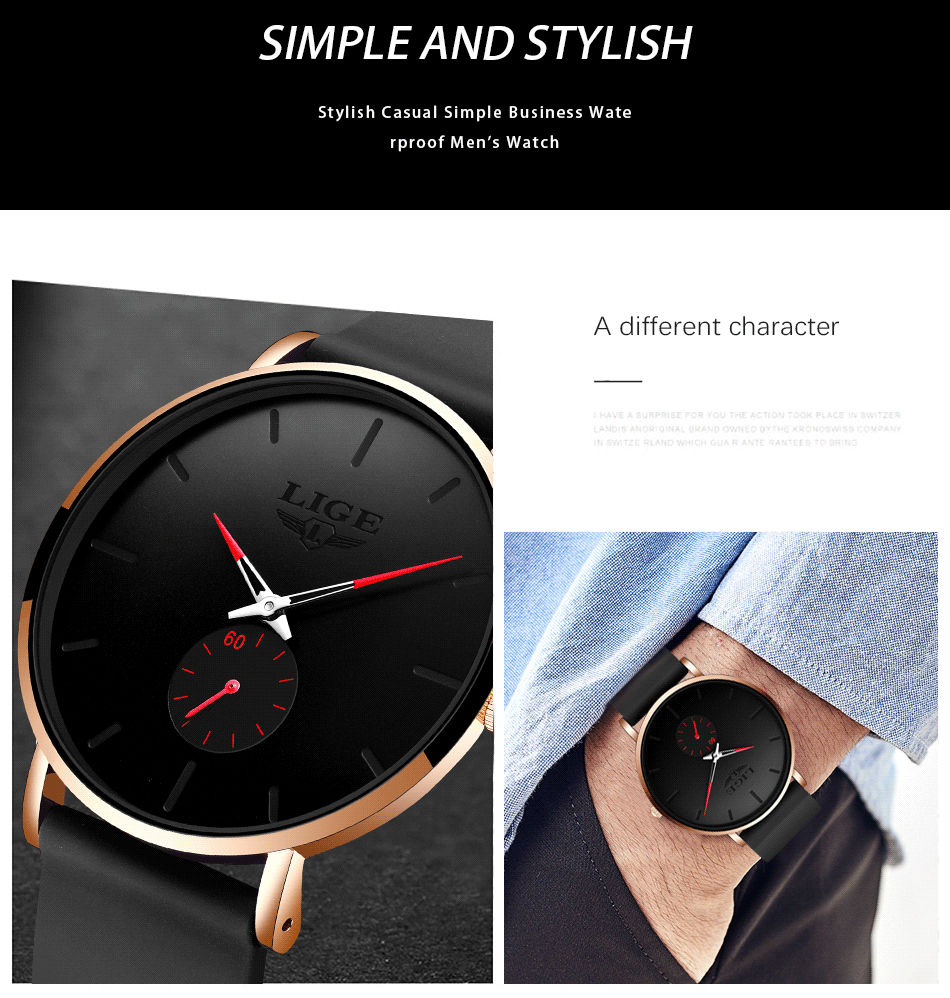 LIGE Men's Quartz Watch Glass Quartz Wristwatch Men Waterproof Silicone ...