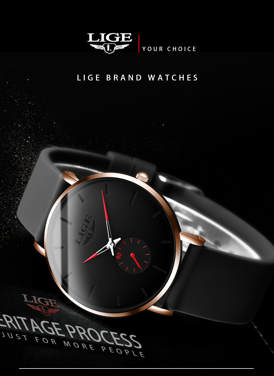LIGE Men's Quartz Watch Glass Quartz Wristwatch Men Waterproof Silicone ...