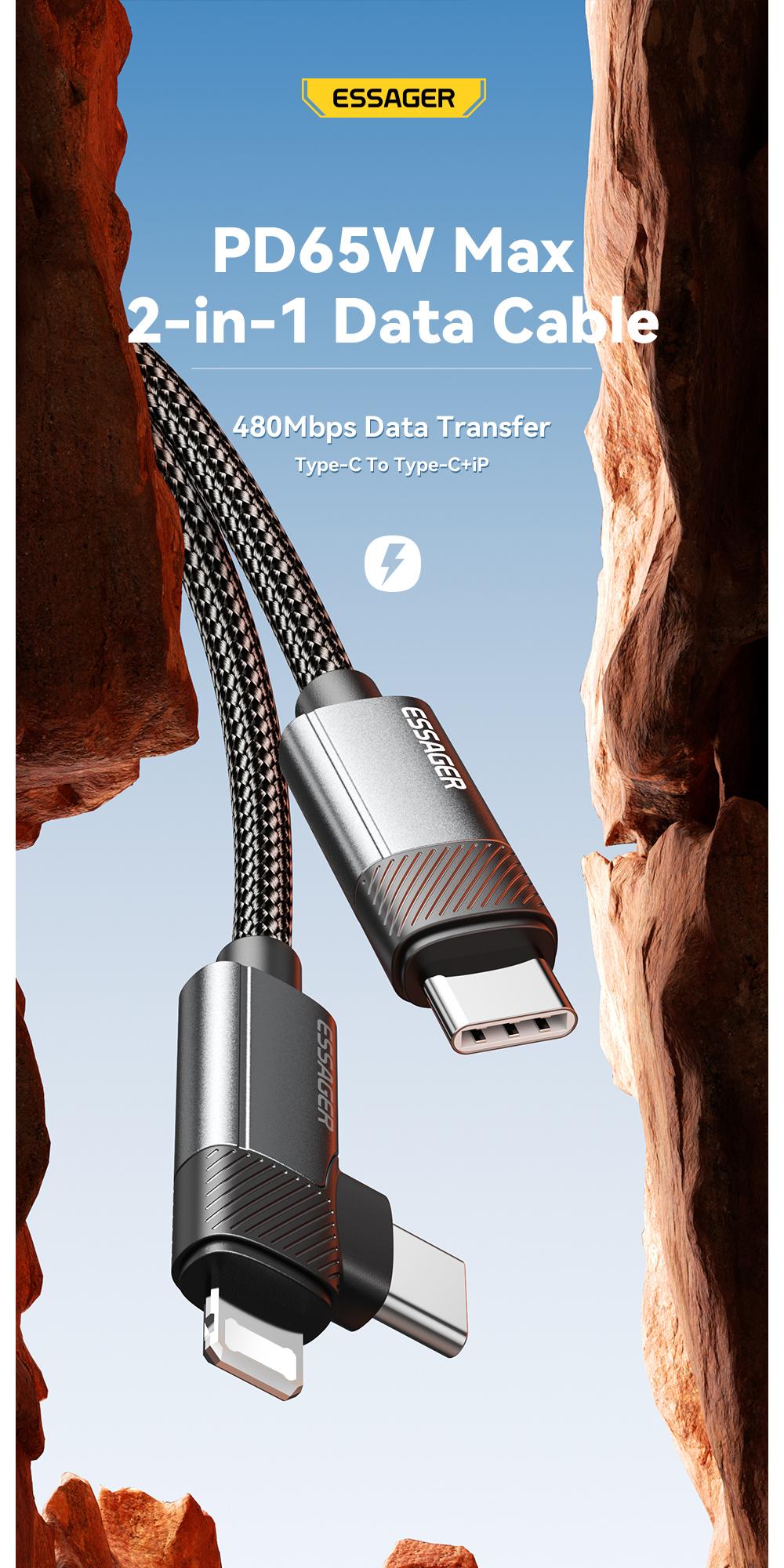 ESSAGER 65W C-C+L 2 in 1 Fast Charging data cable compatible with PD27W ...