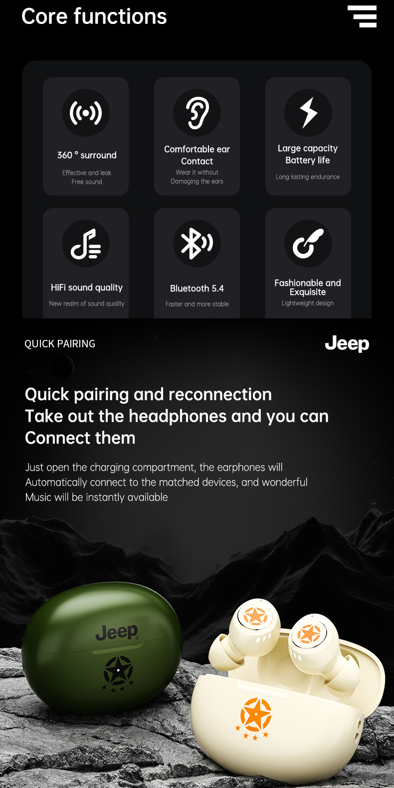 Jeep EW112 Bluetooth 5.4 Wireless Earbuds Waterproof Noise Cancelling ...