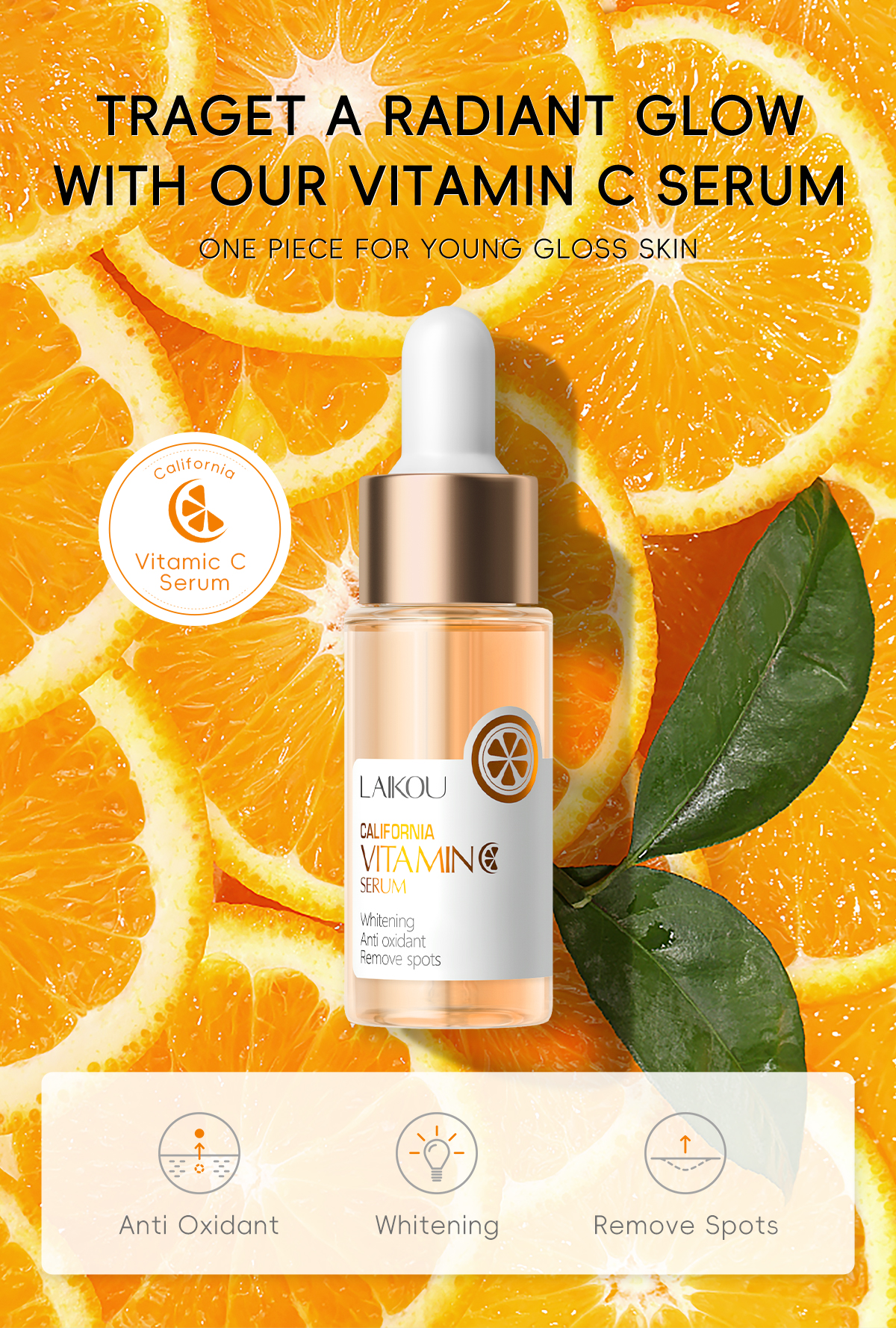 LAIKOU Vitamin C Facial Serum VC Whitening Anti-Aging Freckle Dark Spot ...