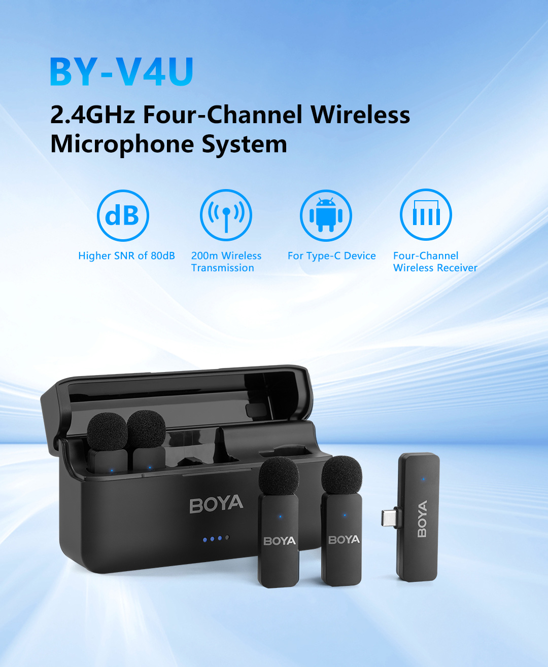 BOYA BY-V4U 2.4GHz Four-Channel WirelessMicrophone with Charging Box 4 Transmitters Mini Mic ...