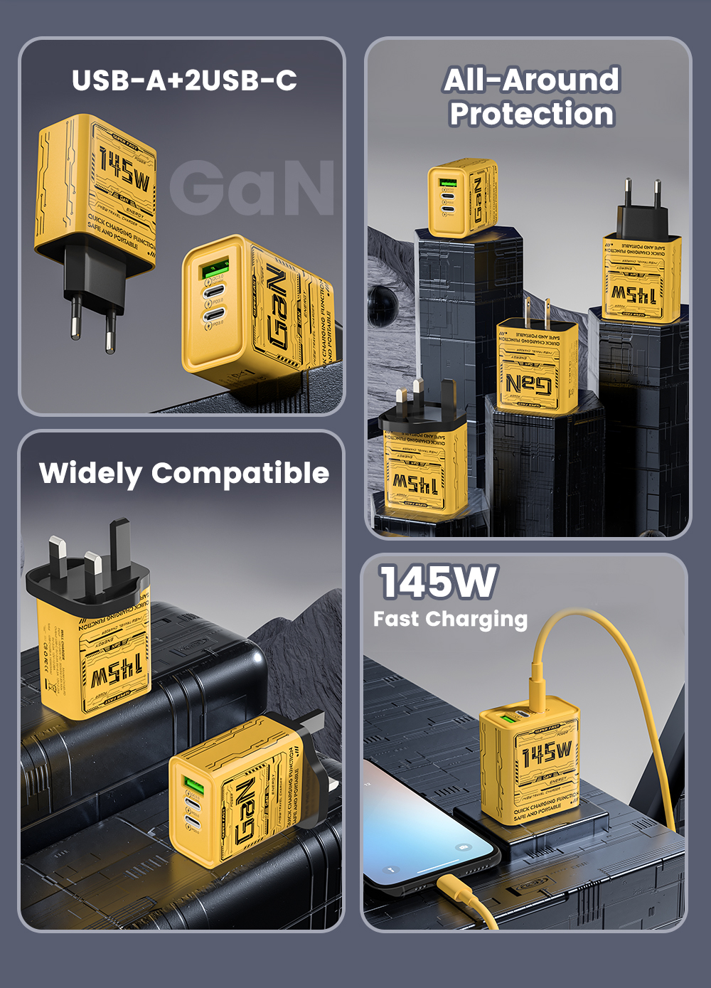 145W USB Charger Head 3 Ports Charging Adapter USB Wall Charger ...