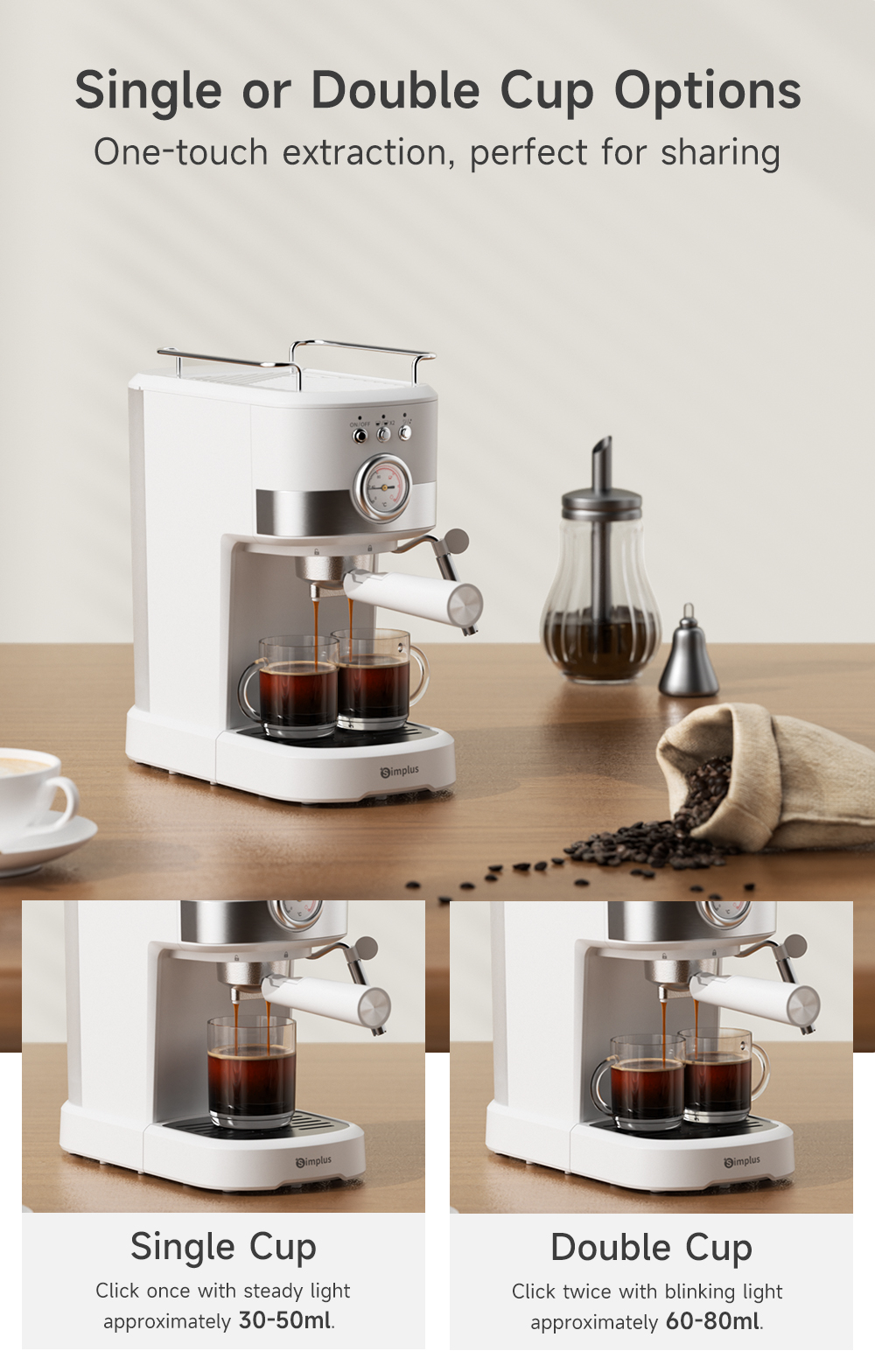 Simplus Coffee Maker Semi Automatic Espresso Extraction 20Bar 15Bar ...