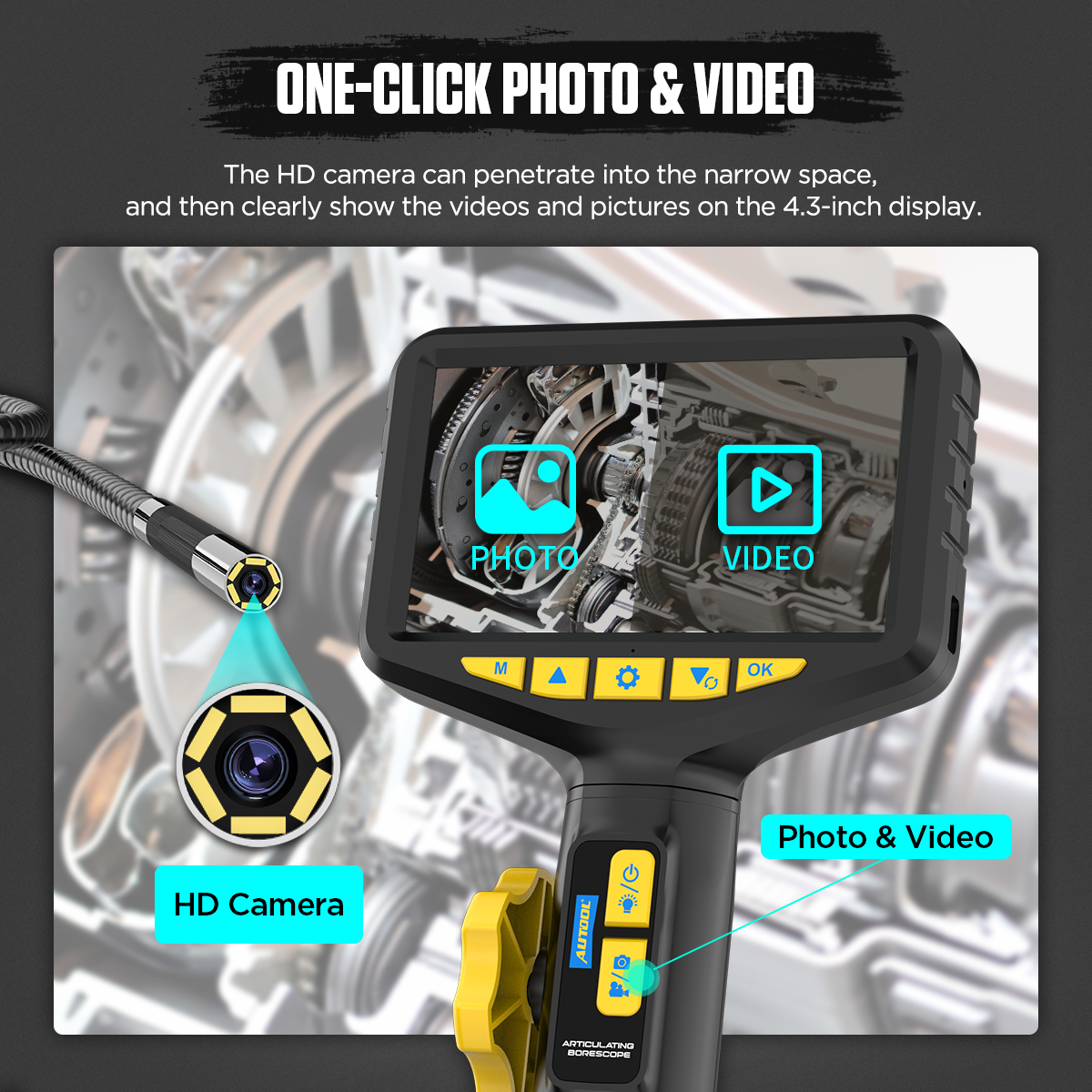 AUTOOL 4.3-Inch HD Display Articulating Video Borescope Industrial ...