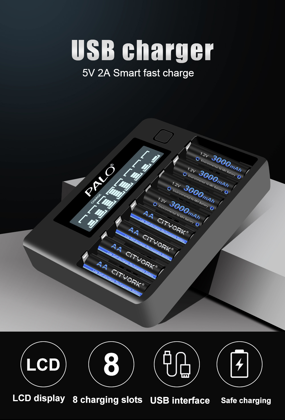 CITYORK 8 slots Charger With 1.2V Ni-MH AA/AAA Rechargeable Battery ...