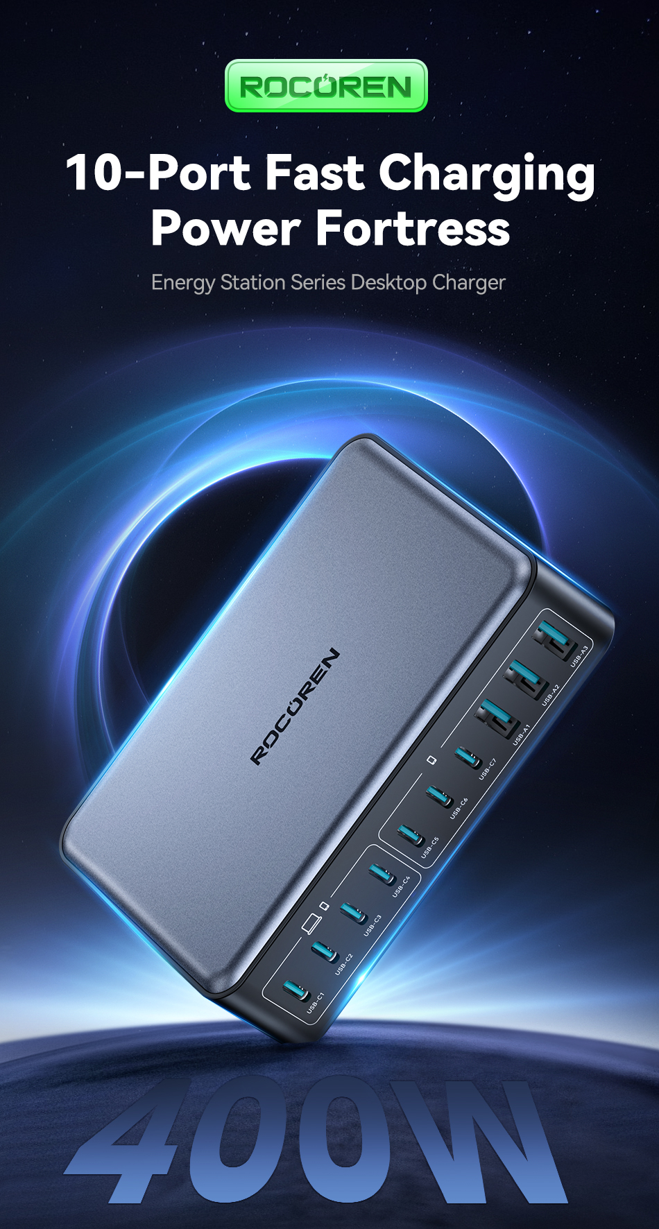 Rocoren 400W 7C+3A Energy Station Series Fast Charging Desktop Charger ...