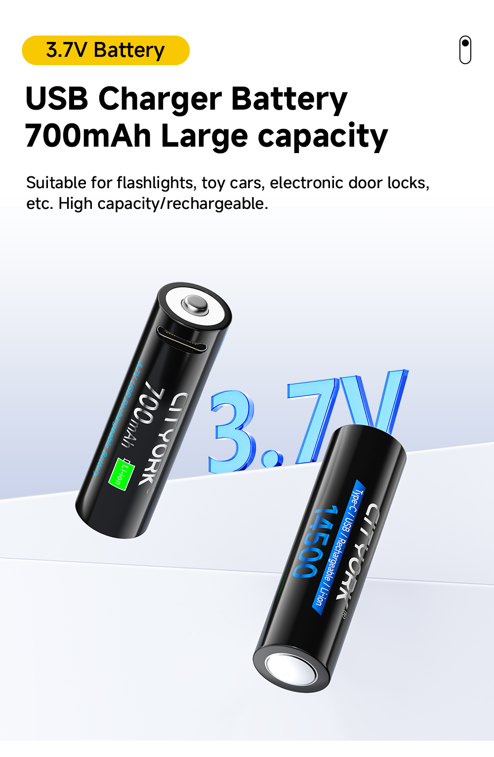 CITYORK 14500 700mAh 3A 3.7V Li-ion Rechargeable battery USB-C Lithium ...