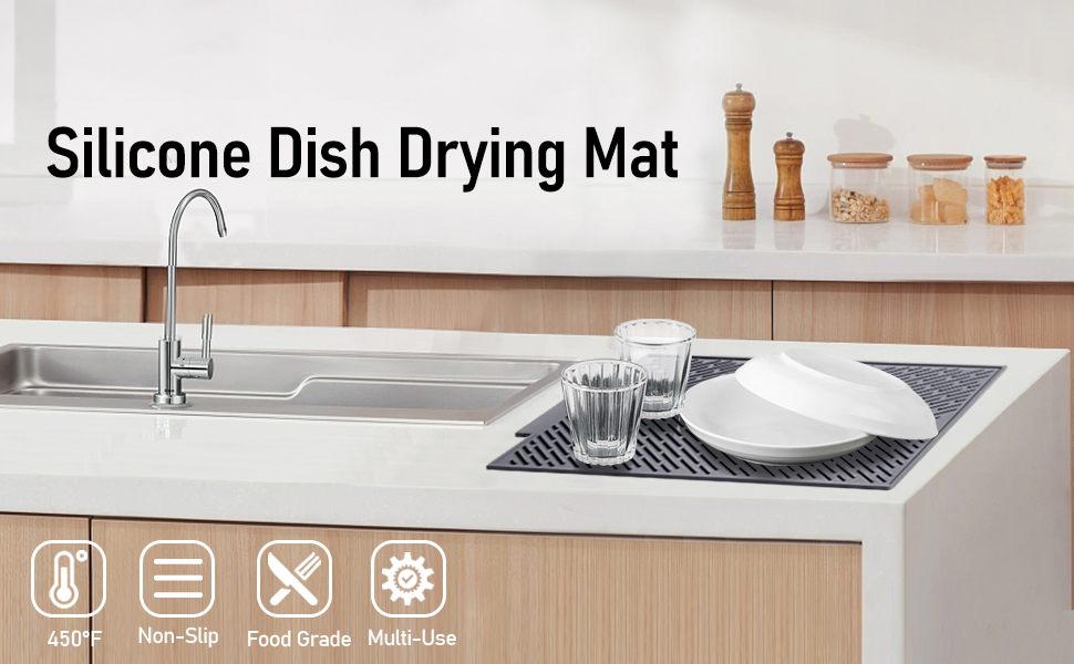 Silicone Dish Drying Mat with Built-in Drain Lip - Hygienic Drying Pad ...
