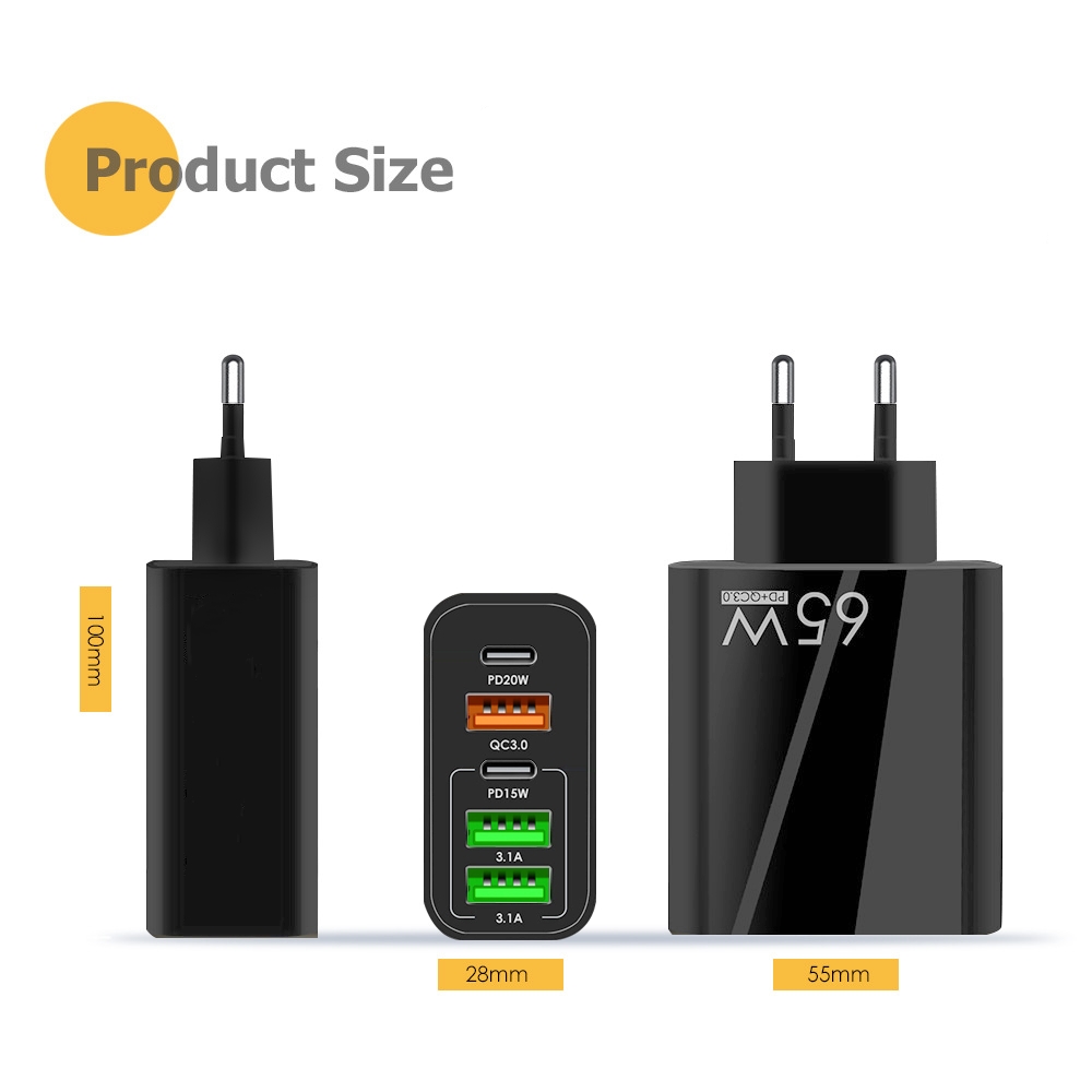 65W Fast Charger USB Type C Phone Charger Quick Charge 3.0 5 Port Power ...