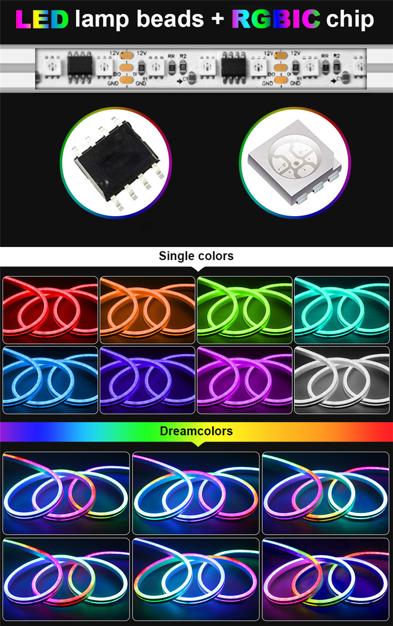 5V USB RGBIC Neon LED Strip Light with RF Remote Flexible DIY Signage ...