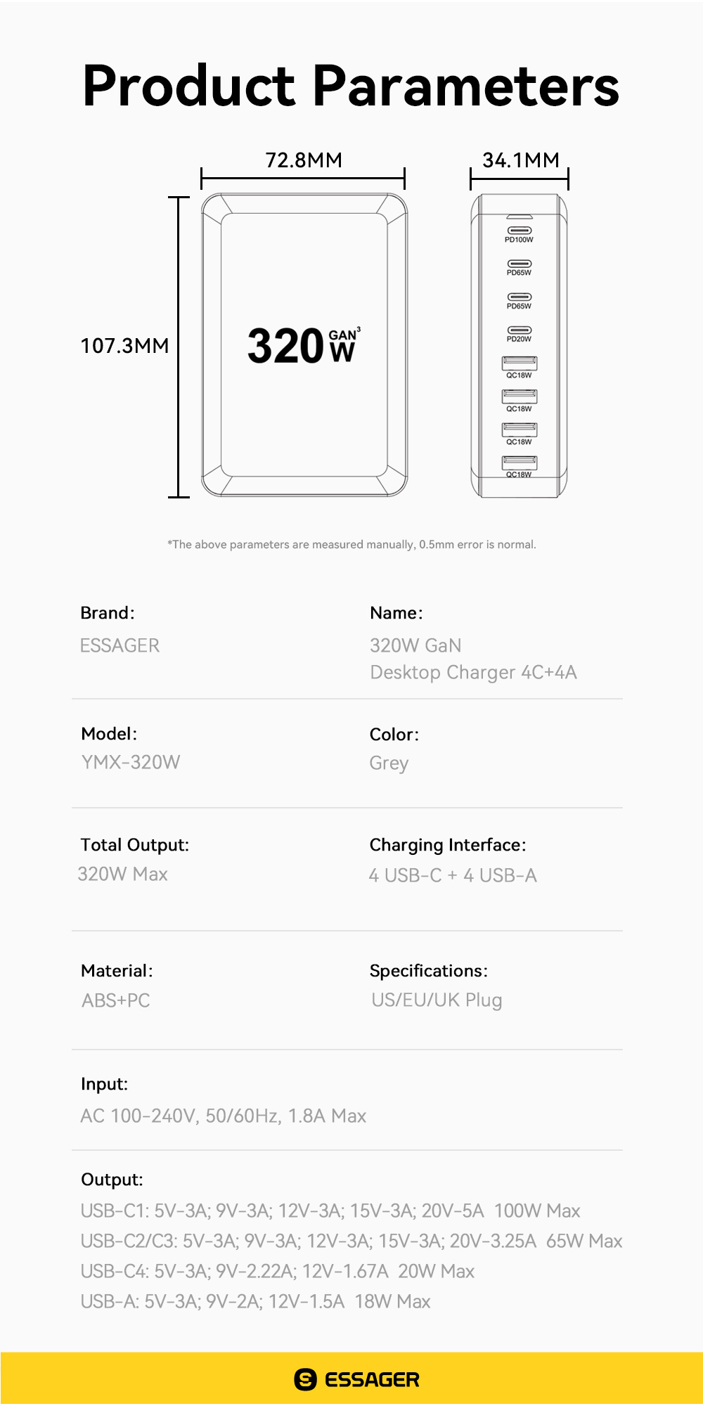 ESSAGER 320W GaN Charger 4A+4C Port Adapter Fast Charging Support PPS ...