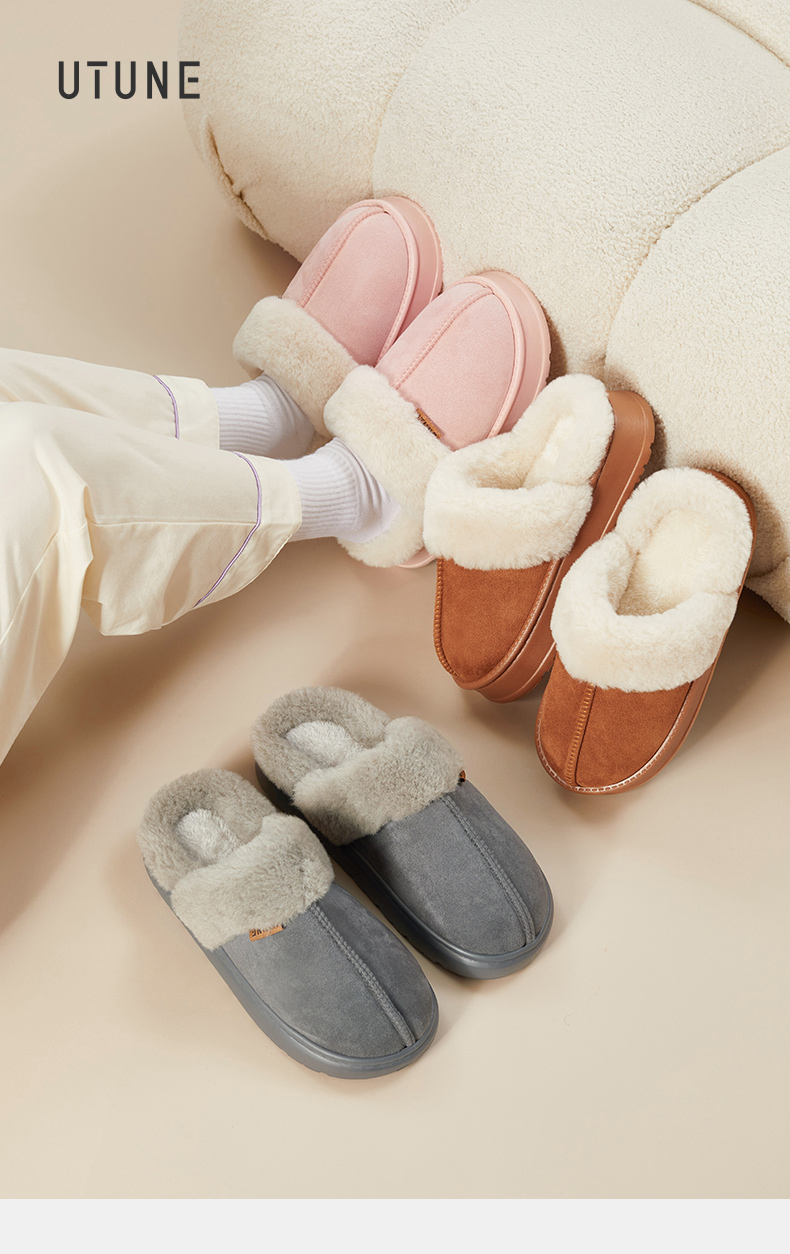 UTUNE Thick-soled Plush Slippers For Women Autumn Winter Indoor Cotton ...