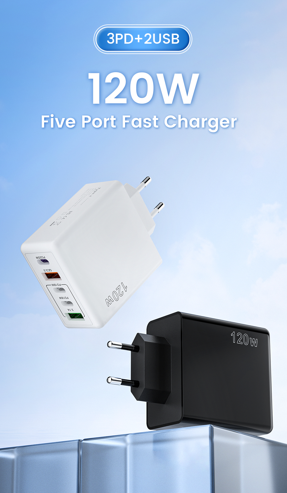 120W 5 Ports USB C Charger 5V2.4A Charger 3PD+2USB Multi Port Adapter ...