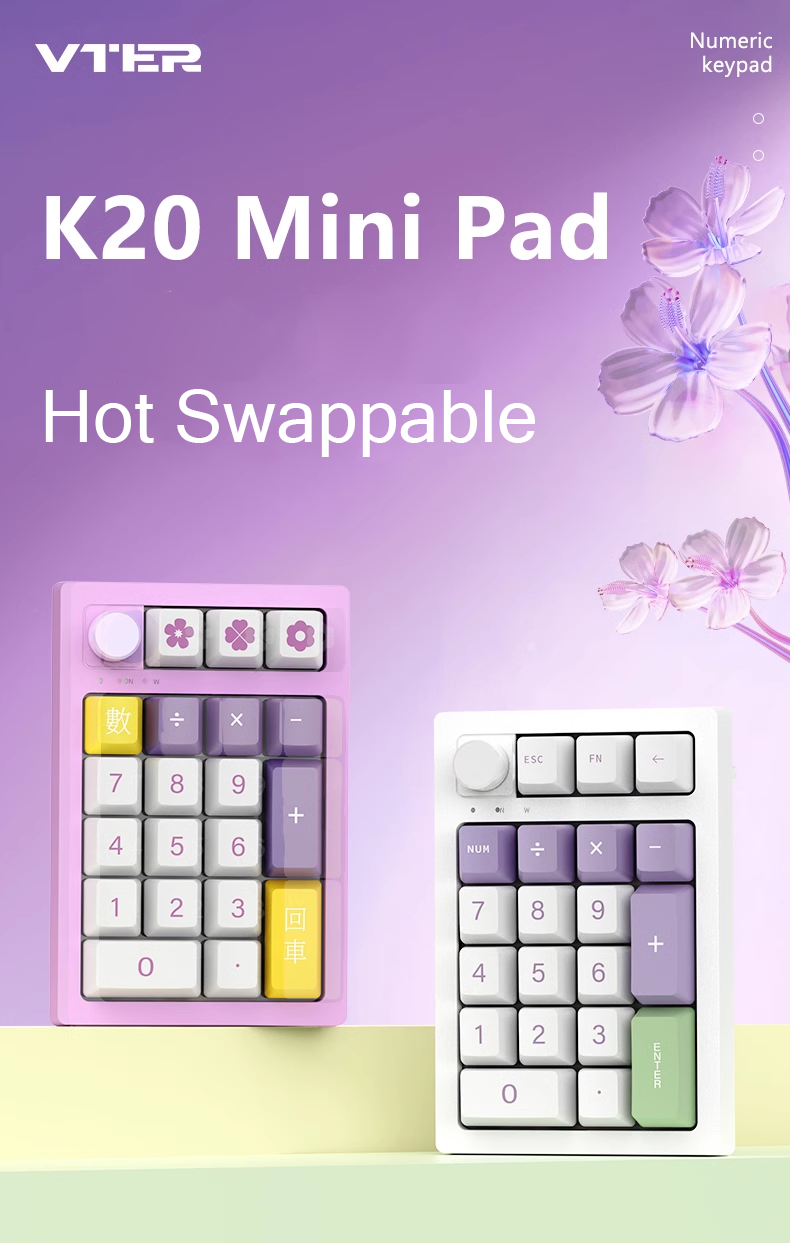 K20 Numpad Tri-Mode Mechanical Keyboard QMK/VIA Hot Swappable Wireless with Knob Numeric Keypad ...
