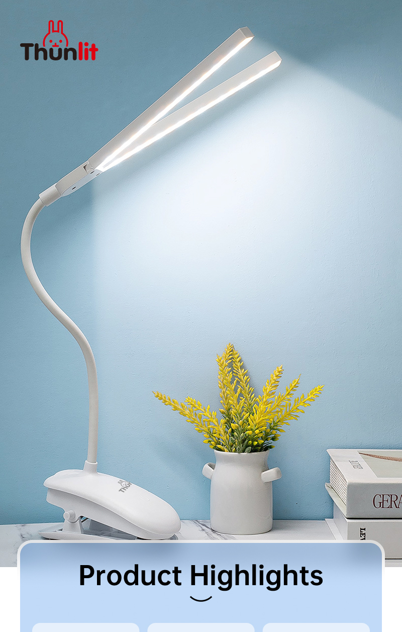 Thunlit Rechargeable Clip Light 2000mAh Double Headed LED Dimmable ...