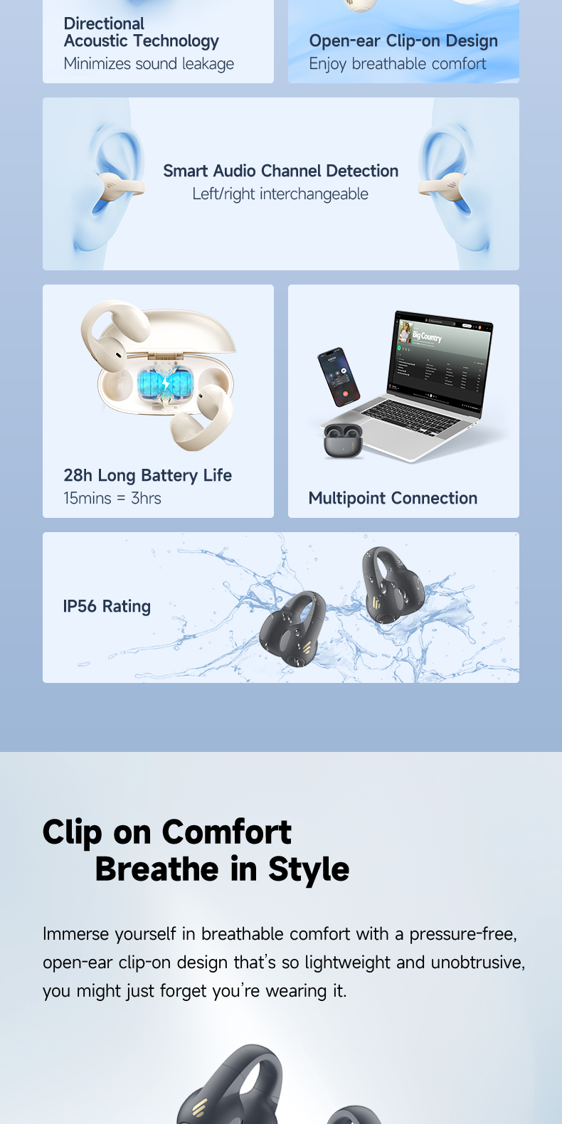 Edifier R1 Bluetooth 5.4 Open-ear Earphones Ear Clip True Wireless ...